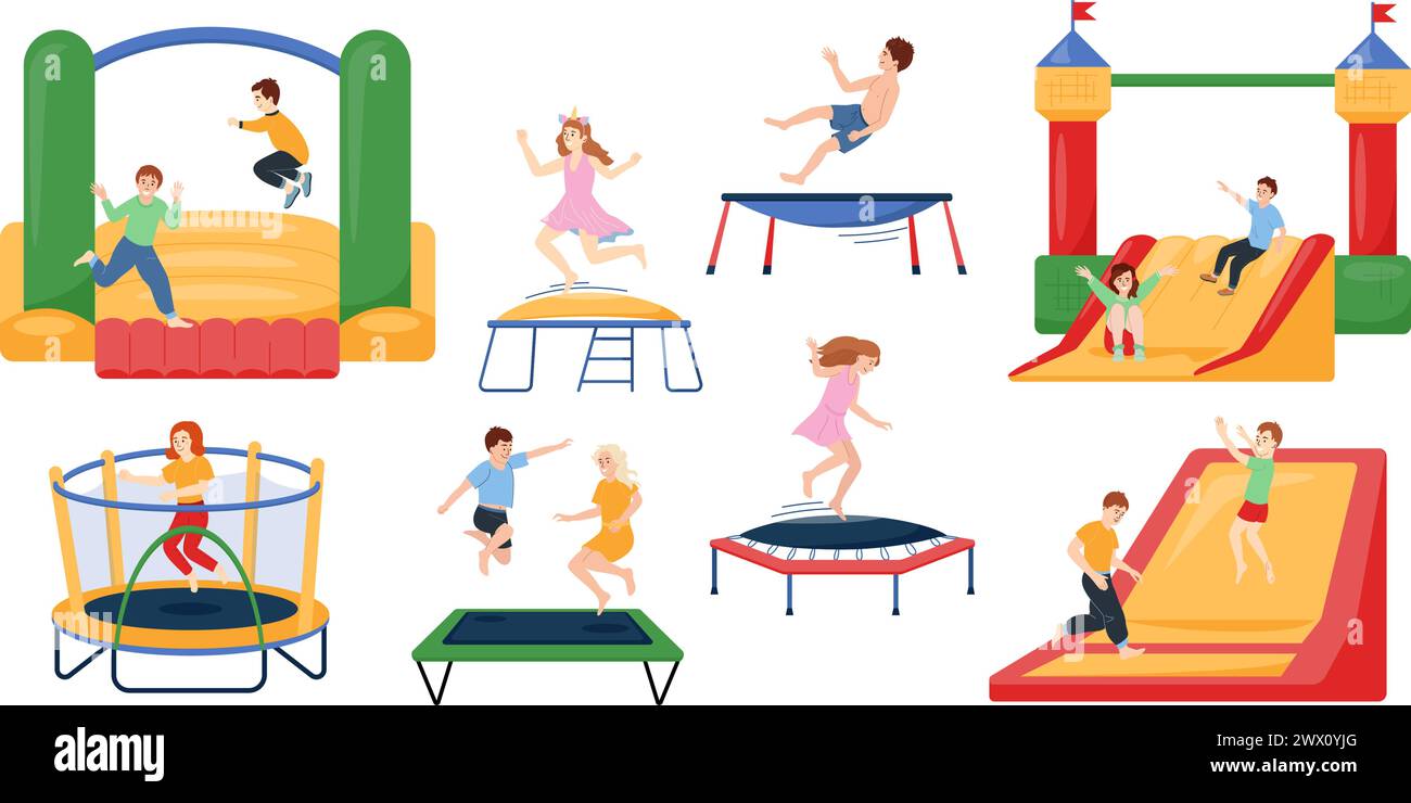 Children jumping on trampoline flat set isolated on white background ...