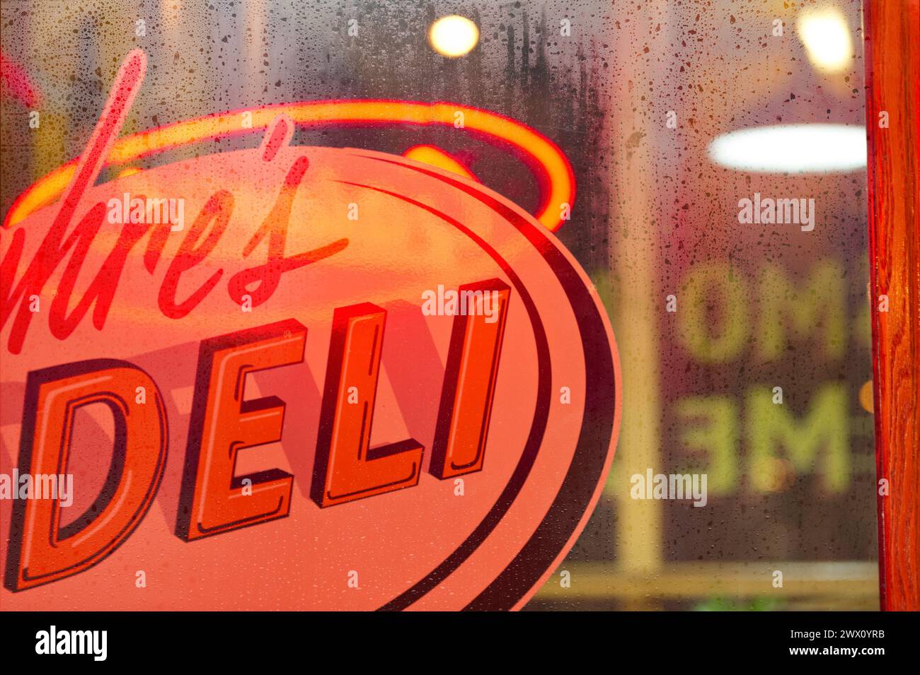 Raindrops on a deli or diner window for a retro styled 1950s eatery ...