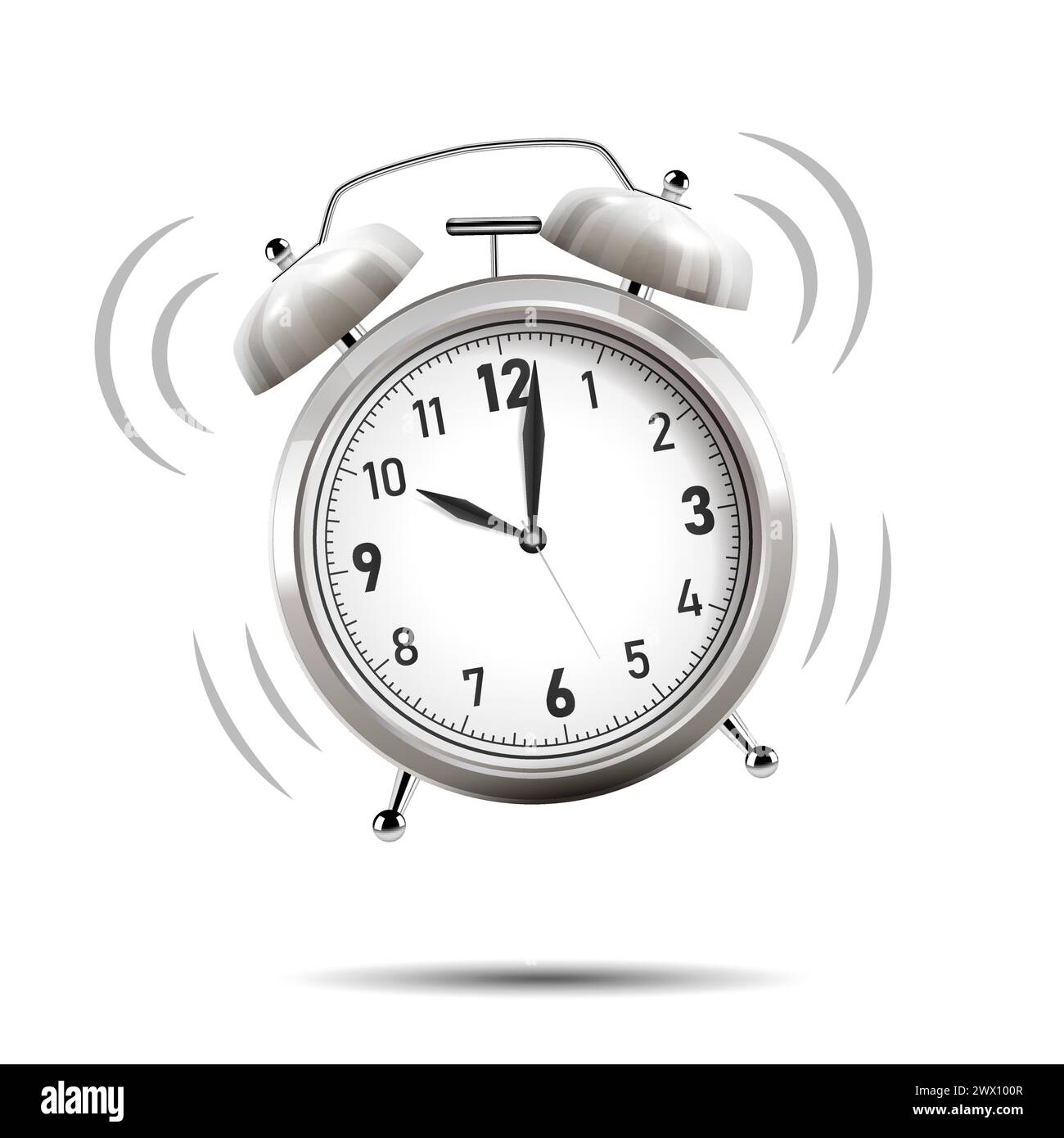 Realistic Chrome Alarm Clock Ringing, Isolated on White Background ...