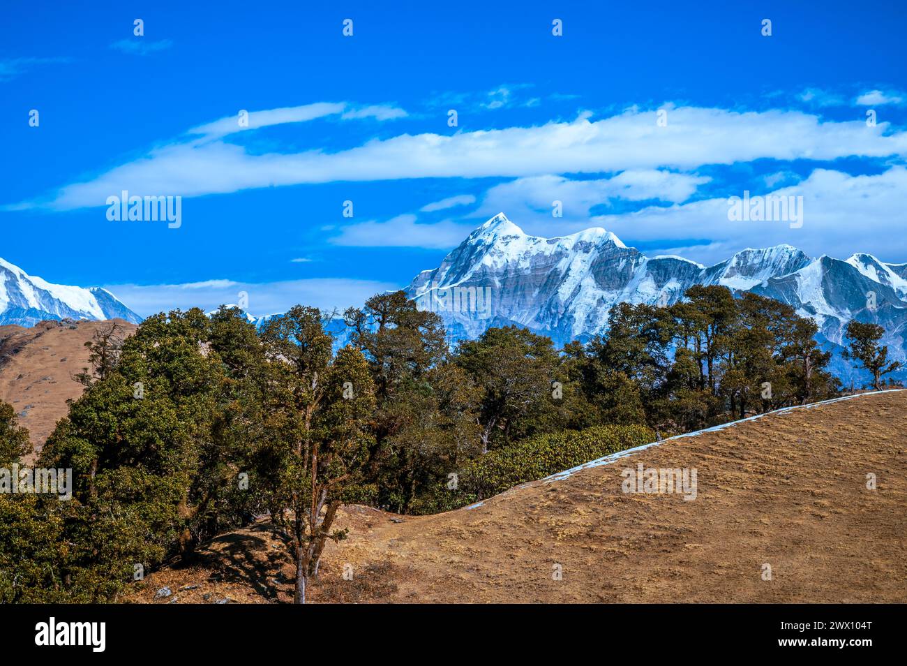 Landscape with sky. Scenic view of Himalayan peaks such as Mt. Trishul ...