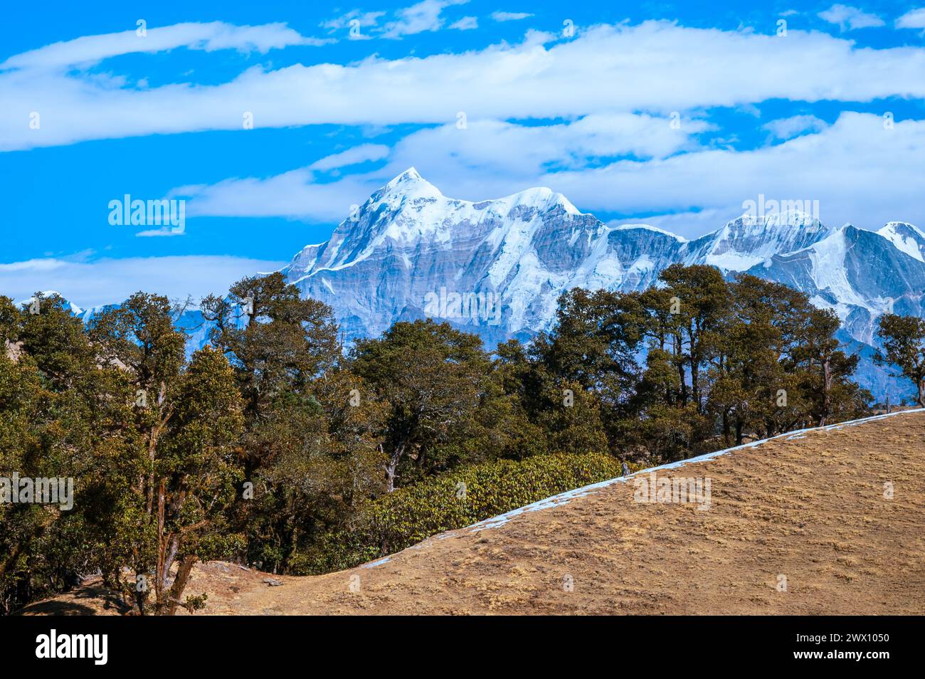 Landscape with blue sky. Scenic view of Himalayan peaks such as Mt ...