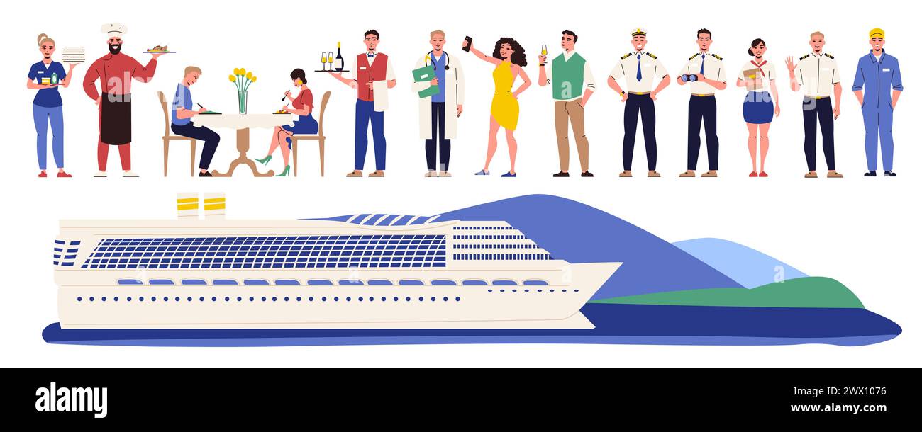 Ship sailor flat icons set with cruise yacht crew members isolated ...