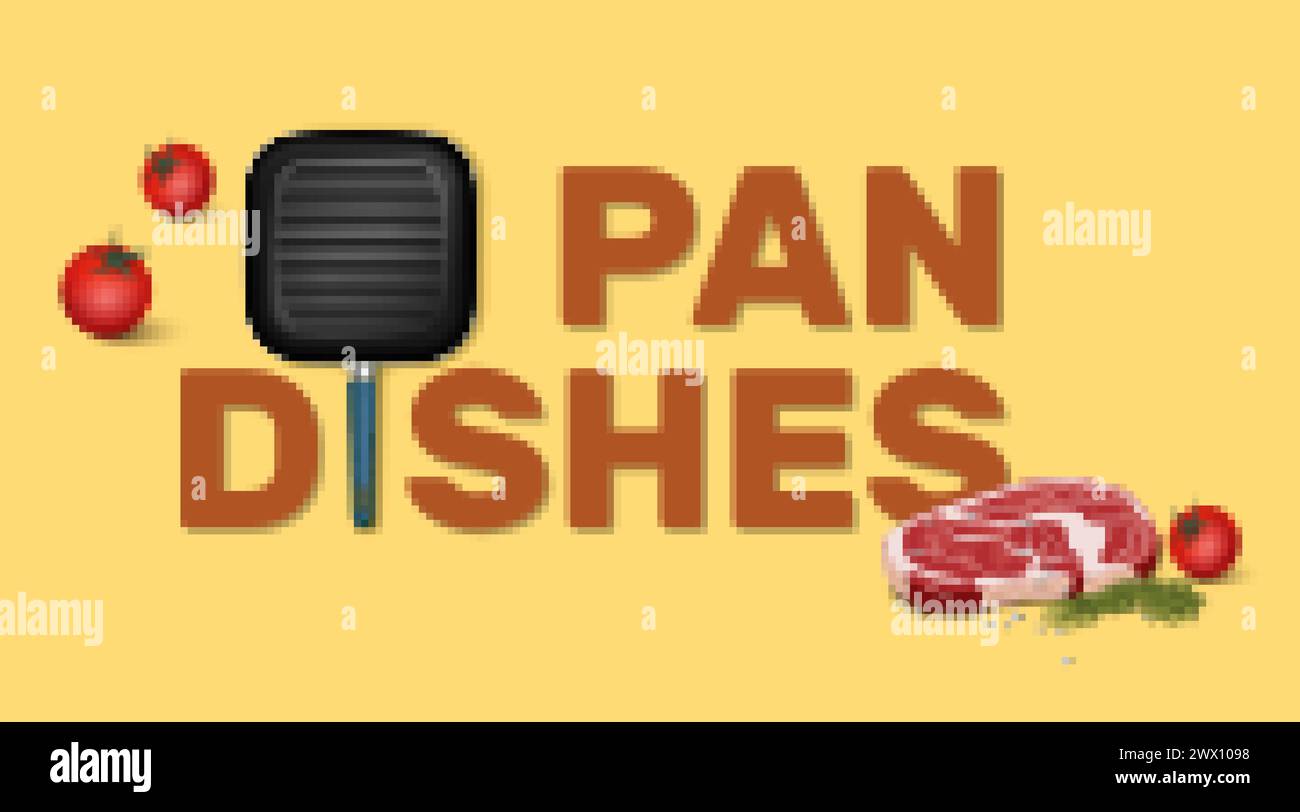 Pan dishes realistic header ad text with big letters decorated with ...