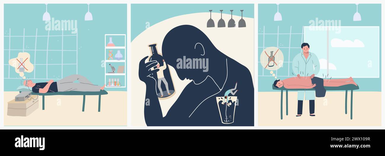 Alcoholism treatment flat set of isolated compositions with doodle ...