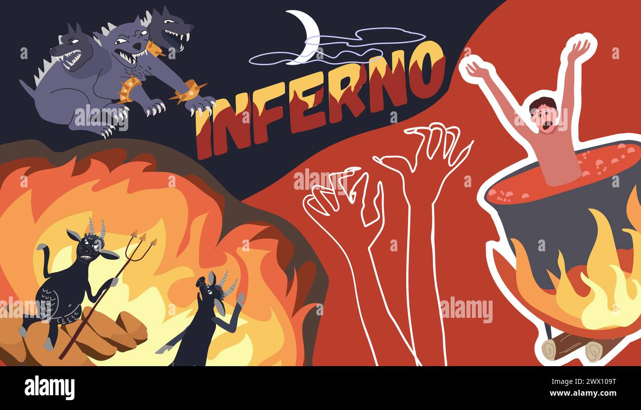 Hell underworld composition with collage of flat icons with characters ...
