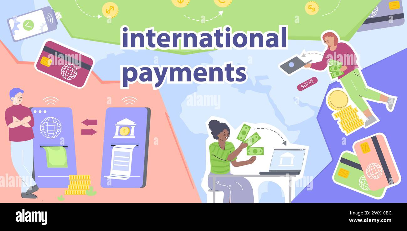 International payments flat collage with people carrying out worldwide ...