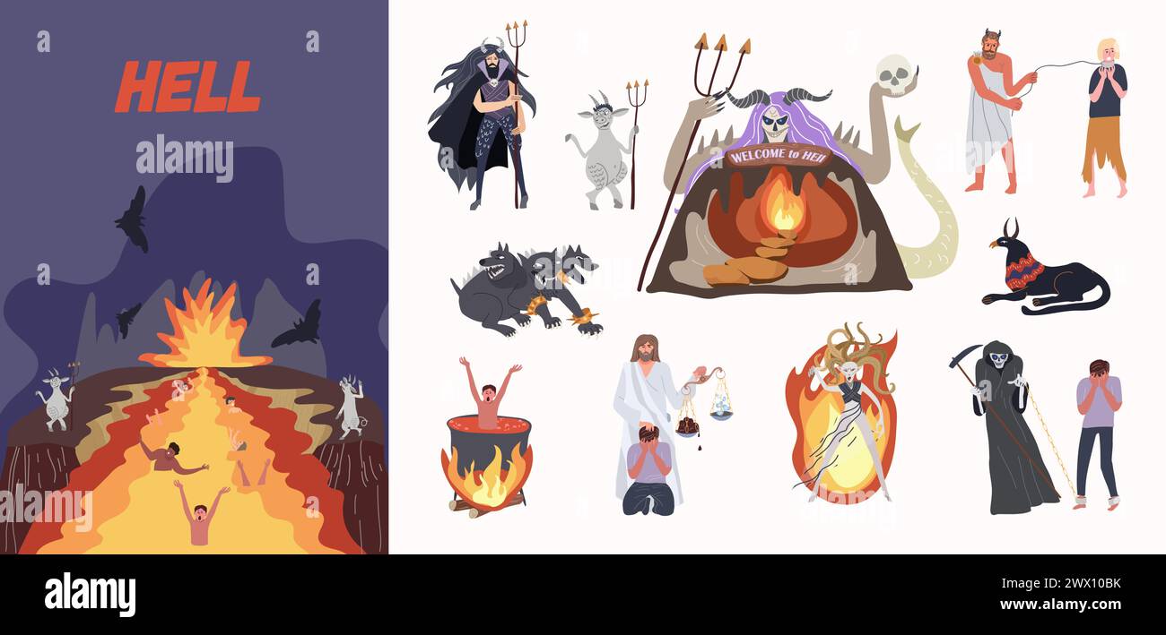 Hell underworld flat composition of people burning under the ground and set of isolated mythical ...