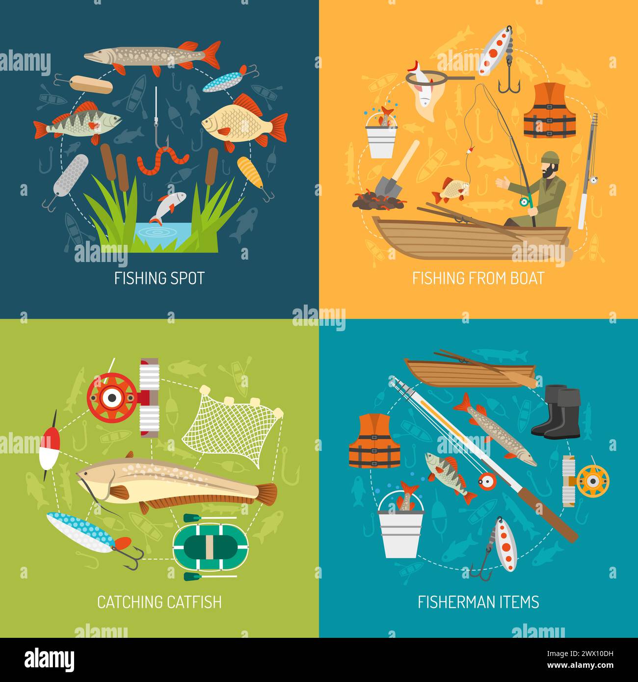 Fishing concept icons set with fishing from boat and catching catfish ...