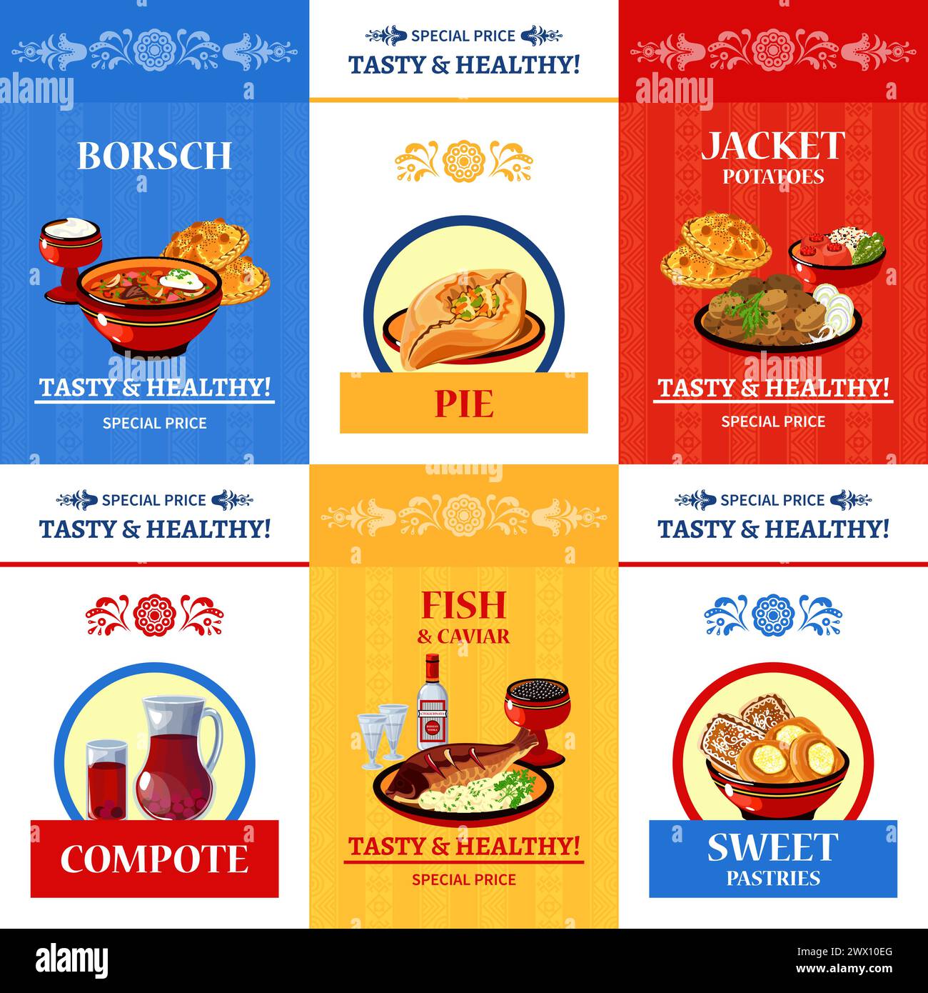 Russian cuisine special offer flat icons composition poster with fish ...