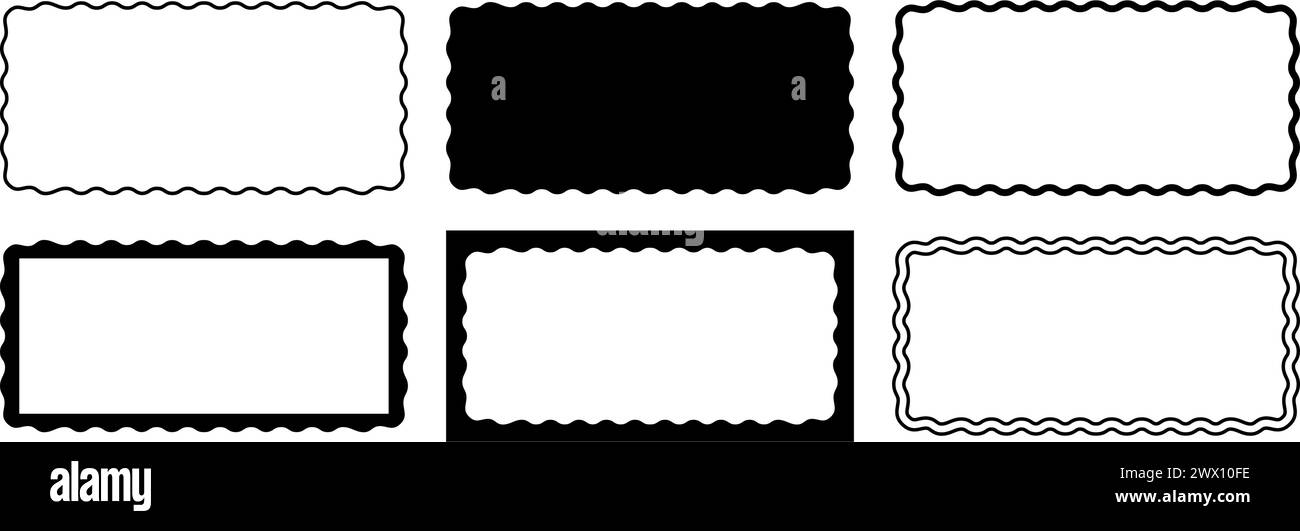 Set of rectangle frames with wiggly edges. Rectangular shapes with undulated borders. Picture or ...