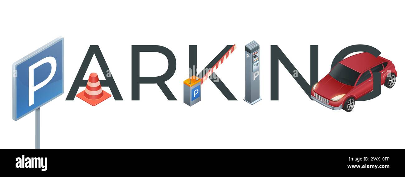 Parking realistic header text decorated with traffic road signs and ...