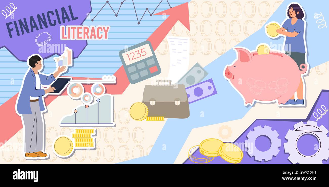 Financial literacy collage in flat style with coins calculator piggy ...