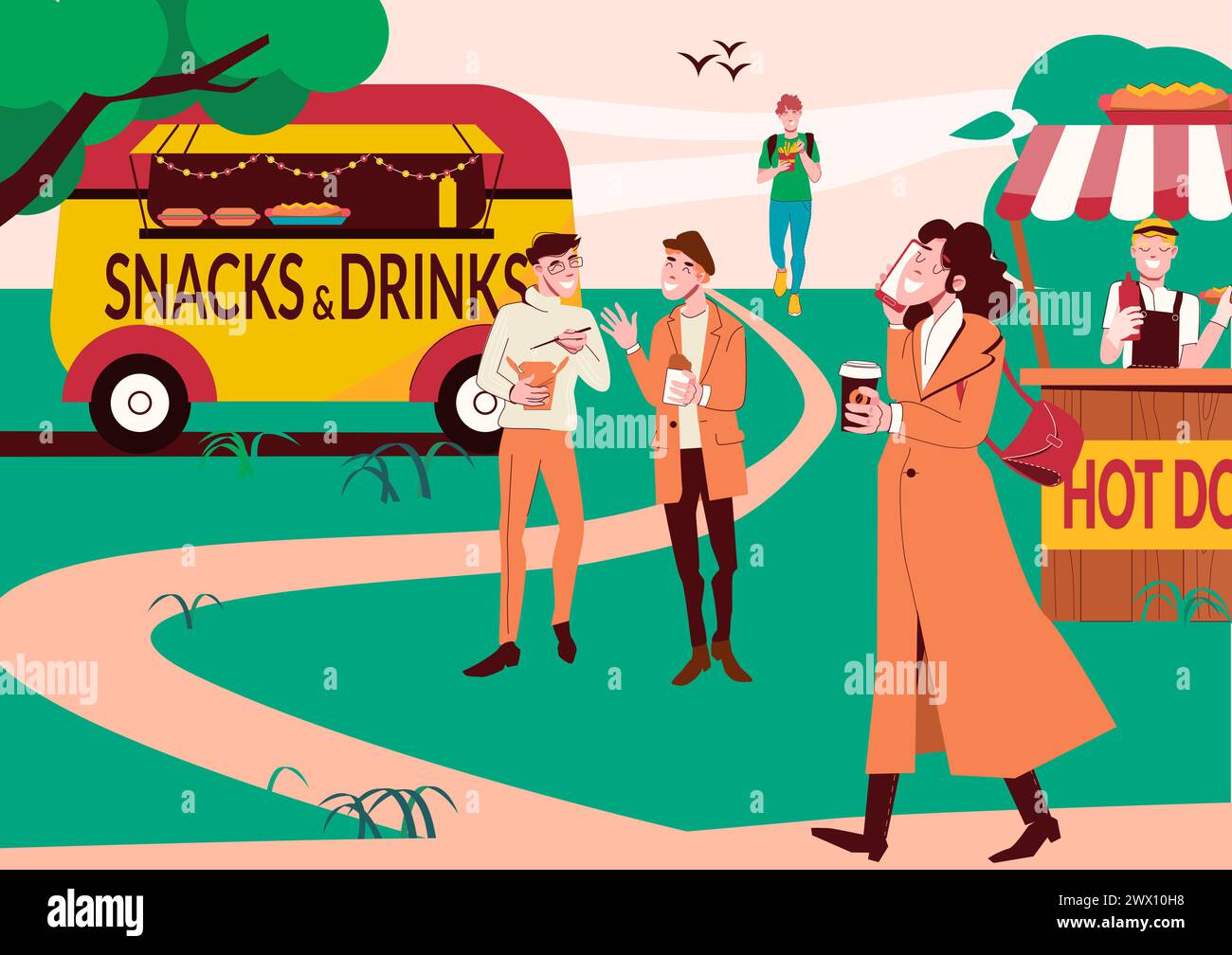 Food to go city background with coffee truck and hotdog street shop in ...