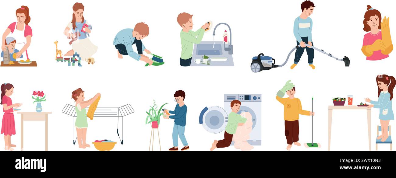 Household children helping flat set of icons with characters of teenage ...