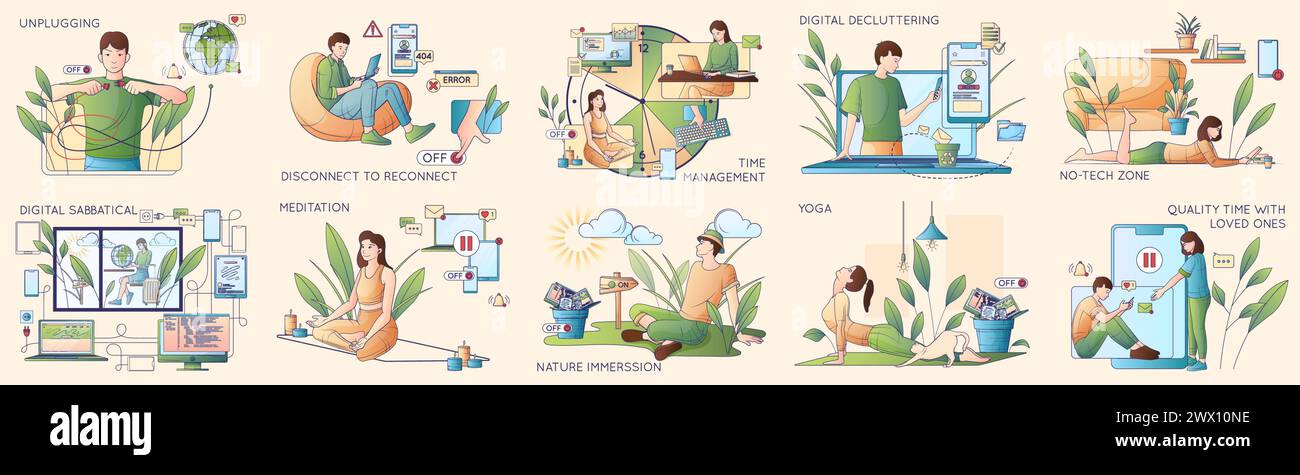 Digital detoxing flat line set of isolated compositions with cartoon ...