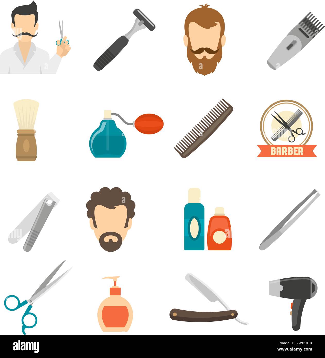 Set color icons about barber with shave equipment and personal hygiene ...