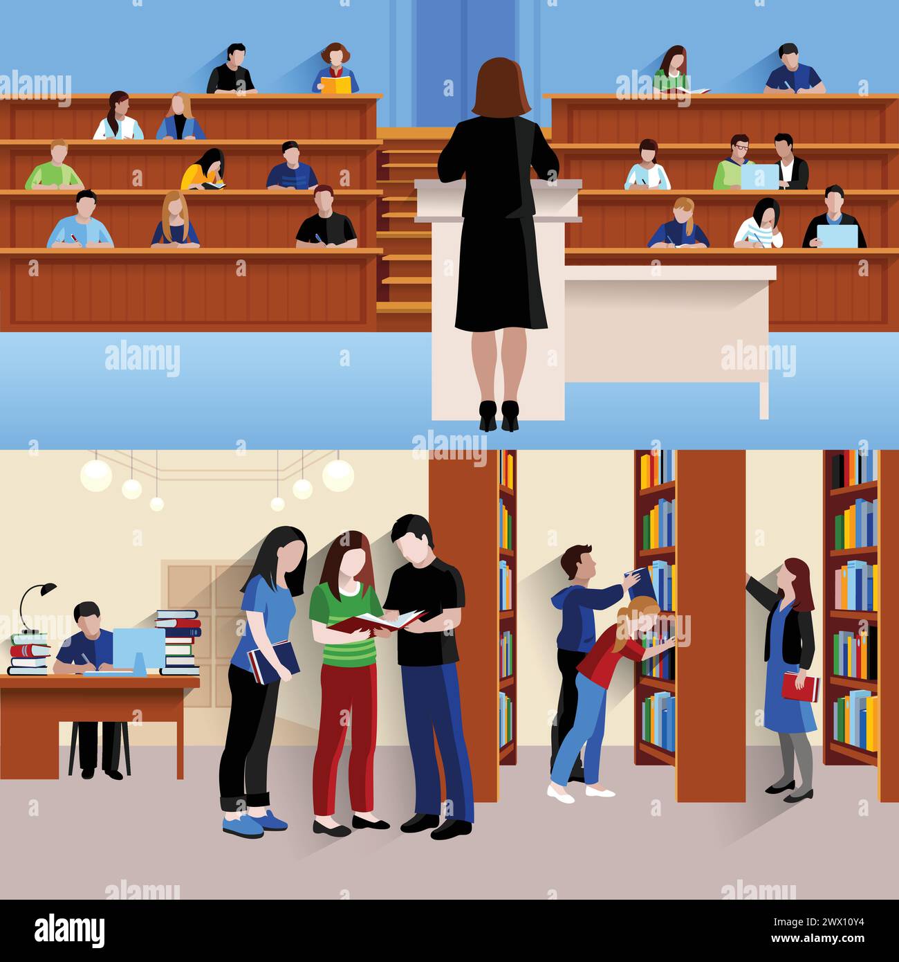 Two horizontal banners with students at university listening lecturer ...