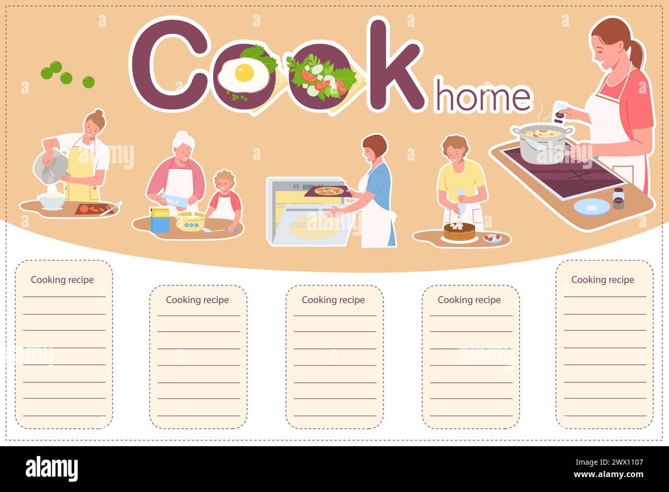Cook home flat infographic composition with characters of cooking ...