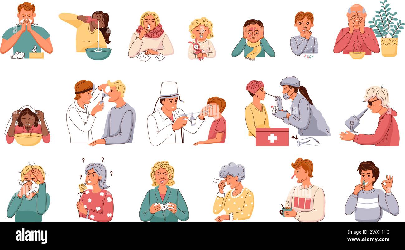 Nasal diseases flat set of ill human characters with seasonal allergies ...