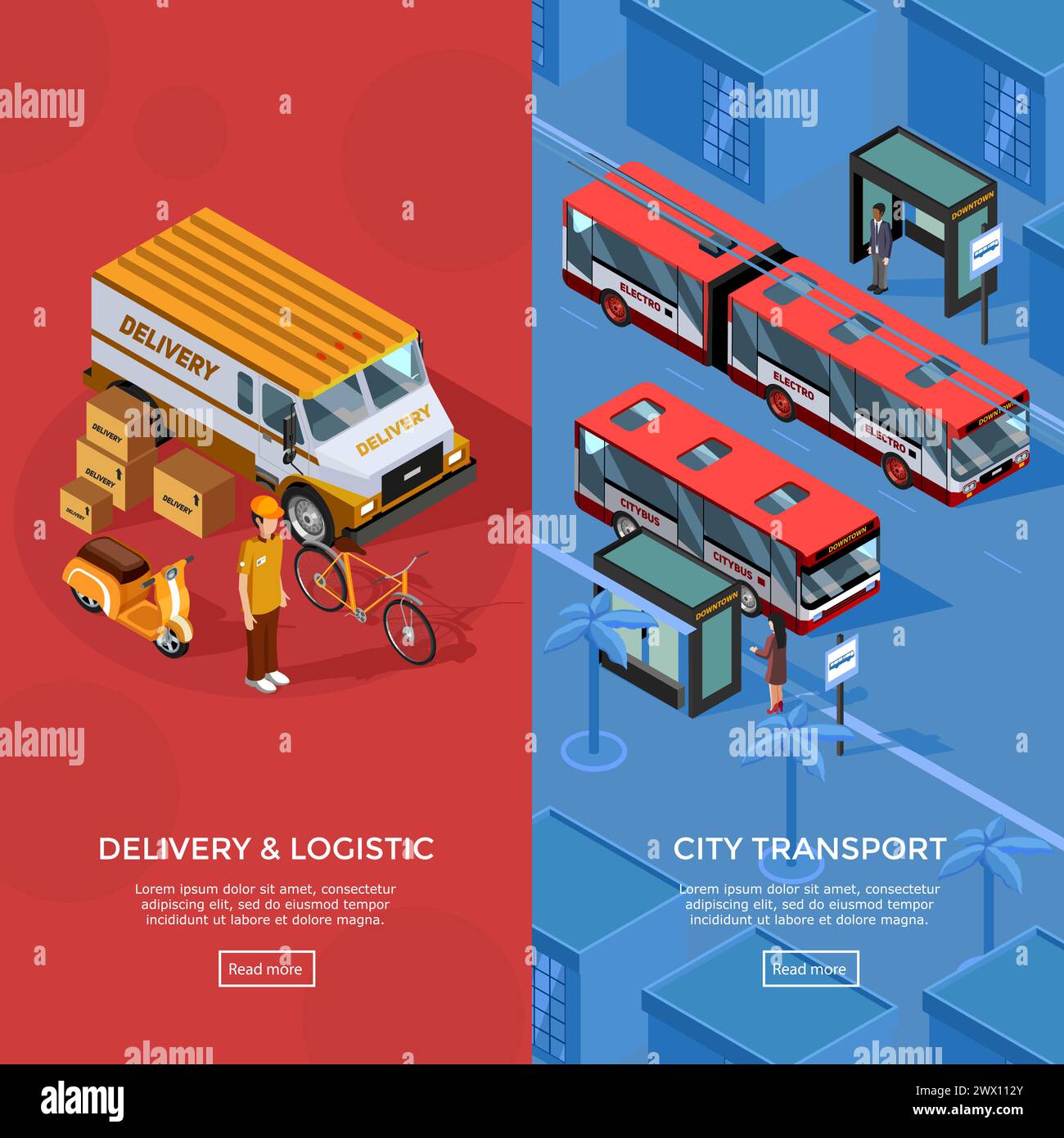 Two vertical isometric transport banners set of city transport and ...