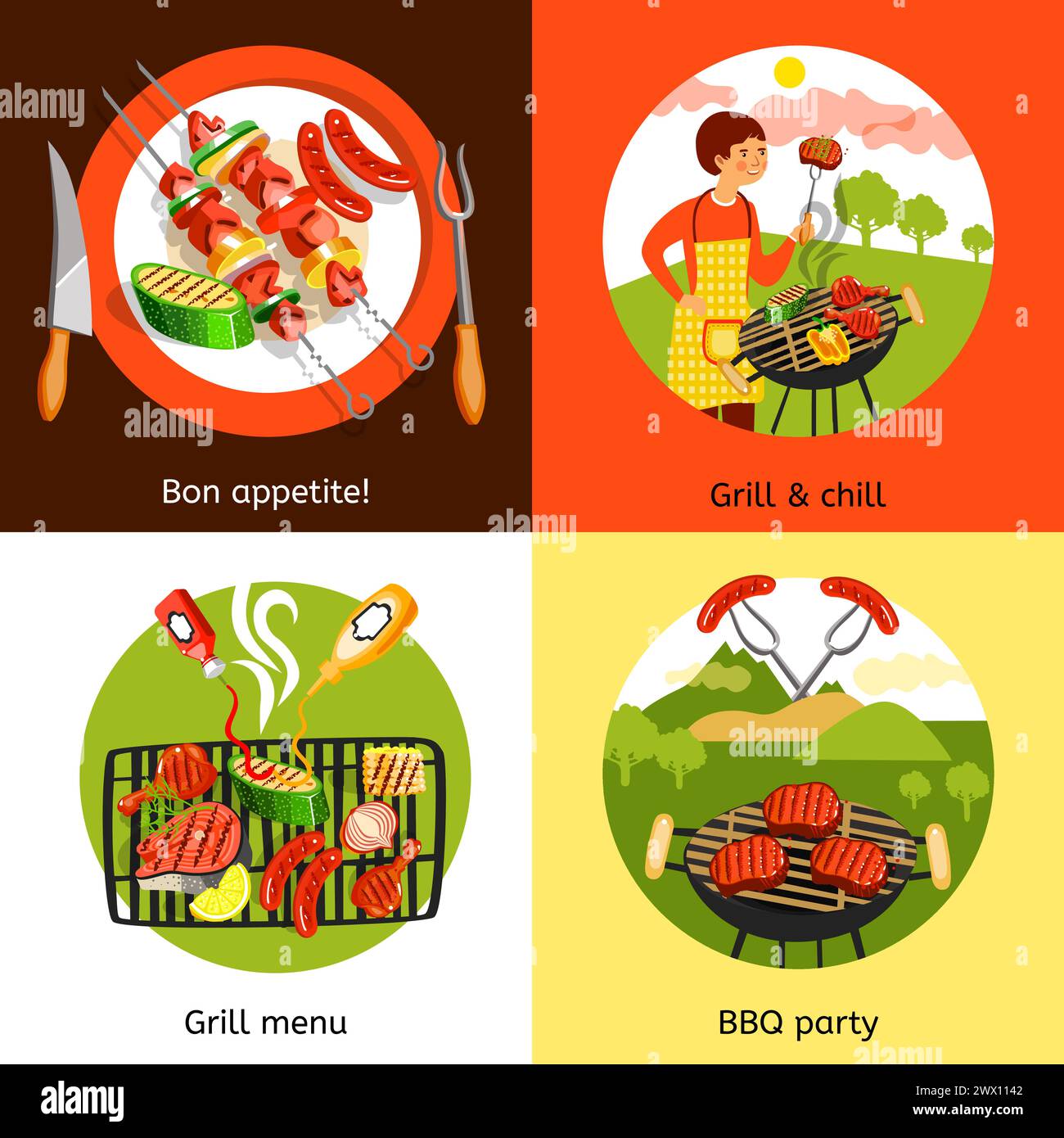 Summer bbq grill outdoor party appetizing menu 4 flat icons square ...