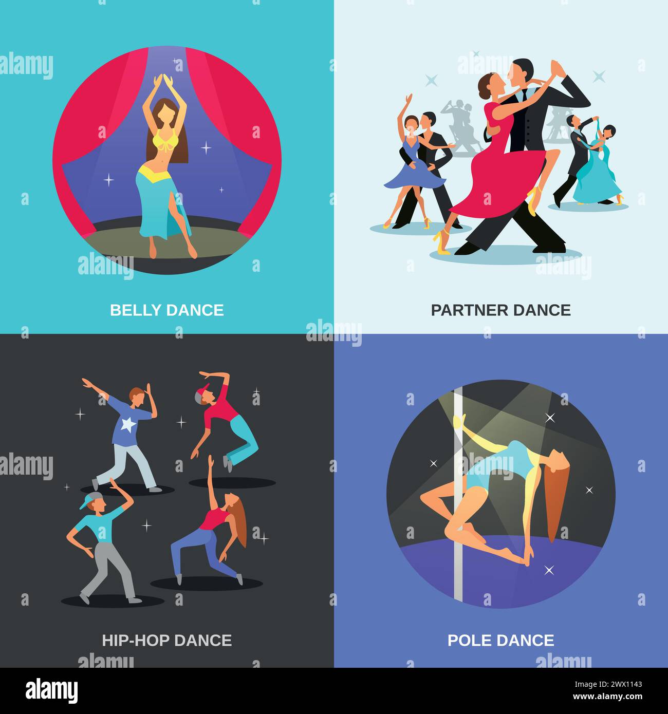 Color flat concept 2x2 depicting different dance style belly hip-hop partner pole vector ...