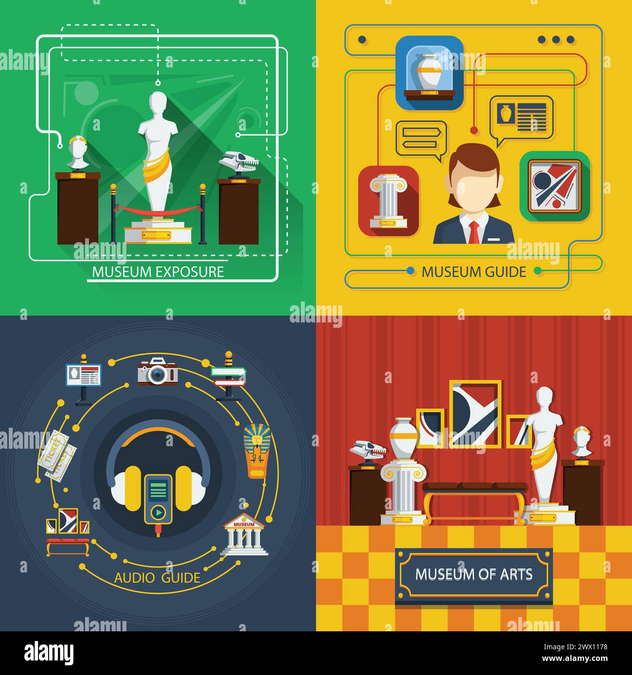 Museum icon composition set with different aspects of museum life in ...