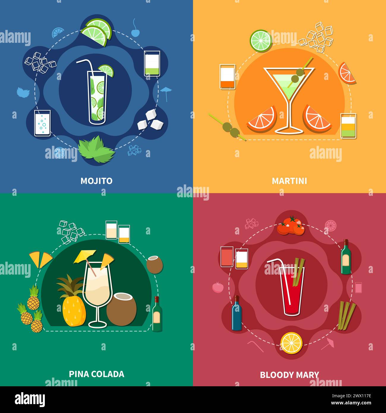 Cocktail icon set with different drinks and their ingredients isolated ...