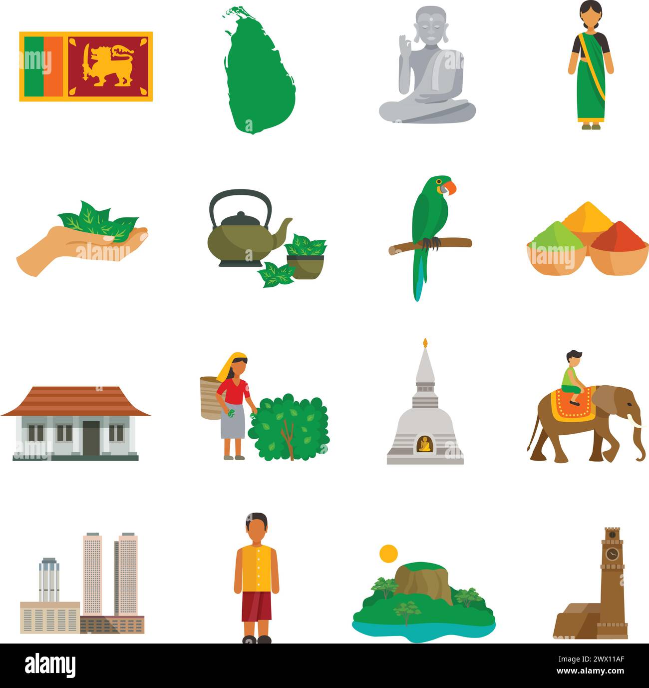 Set of color flat icons of Sri Lanka landmarks and culture features ...