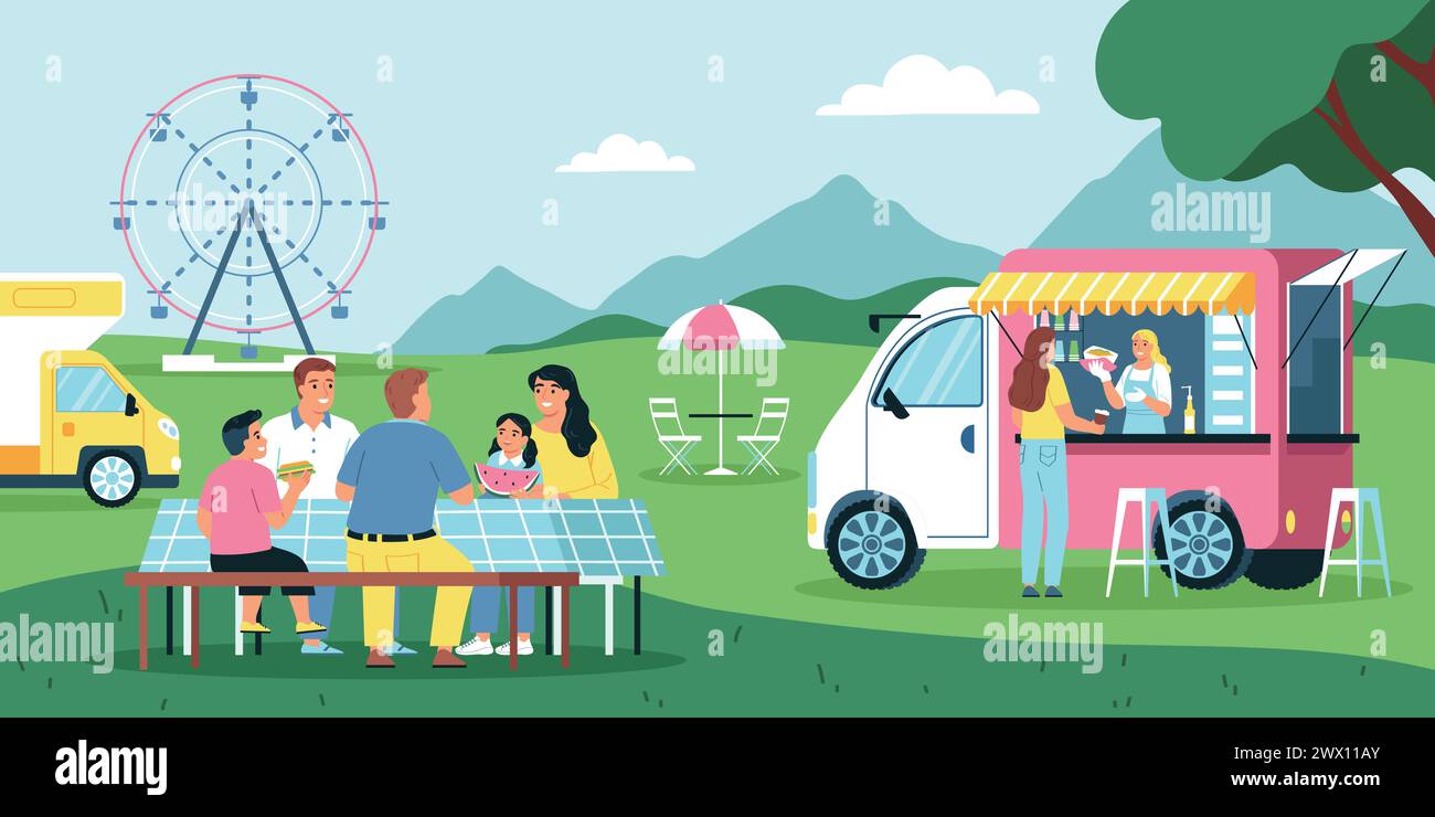 Street food composition with outdoor fairground scenery with food ...