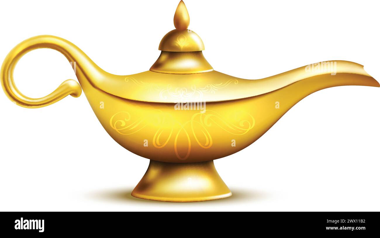 Aladdin yellow iron lamp isolated icon with shadow and ornaments on ...