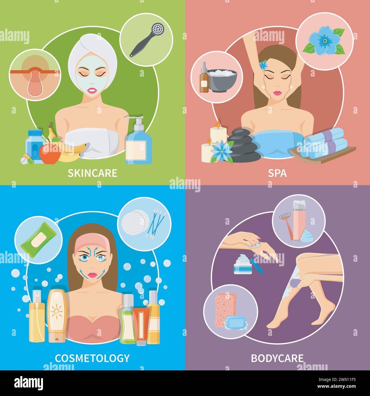 Skin and body cosmetology 2x2 design concept set with spa skincare and ...