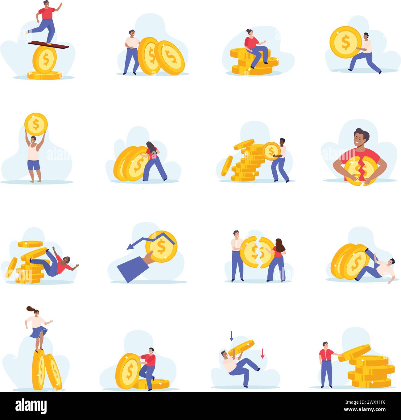 Financial instability set of flat isolated icons with doodle characters ...