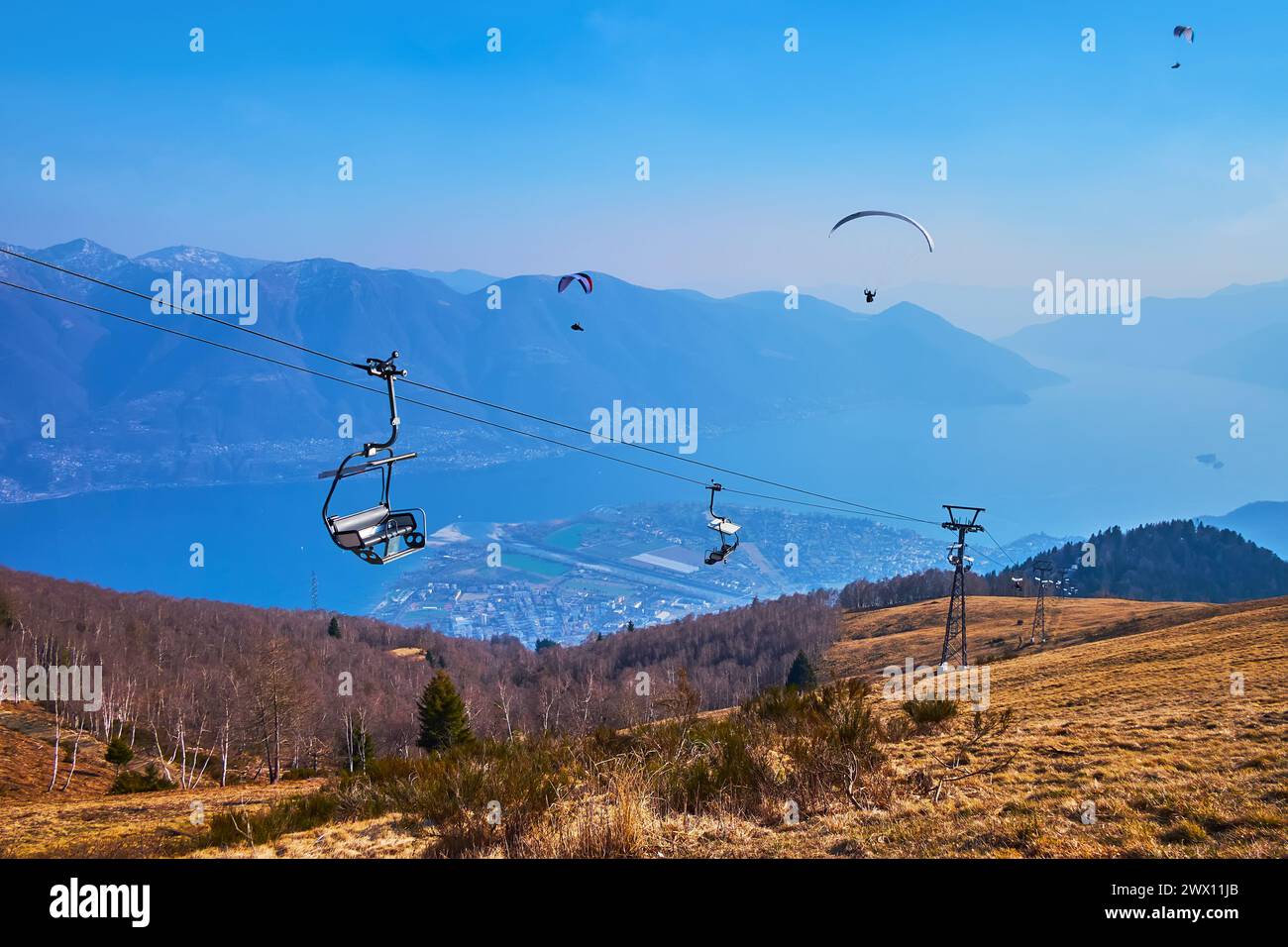 The hazy Lepontine Alps, Lake Maggiore, Locarno, Cardada Cimetta ...