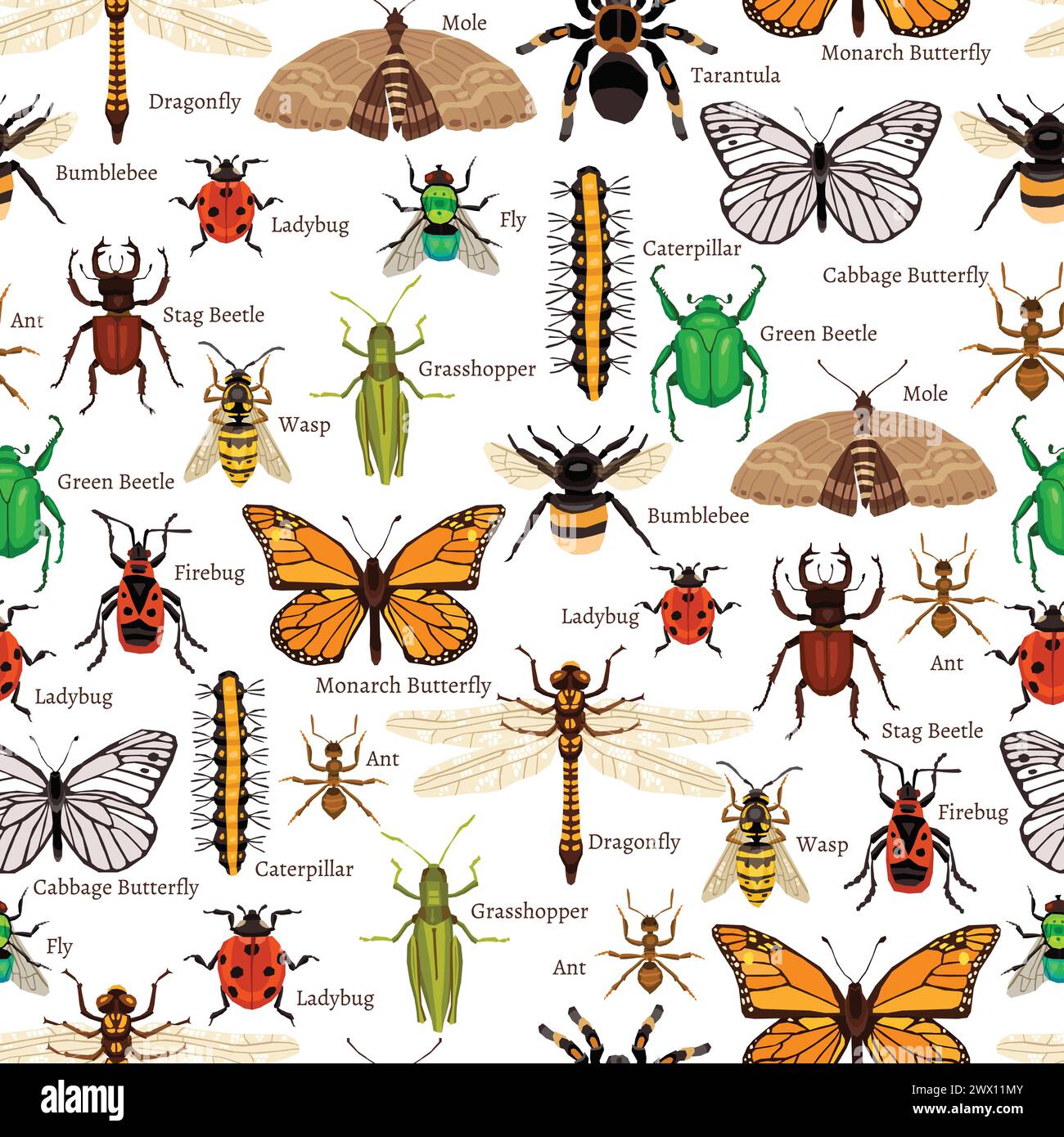 Insects Seamless Pattern. Insects Flat Vector Illustration. Insects Decorative Design. Insects ...
