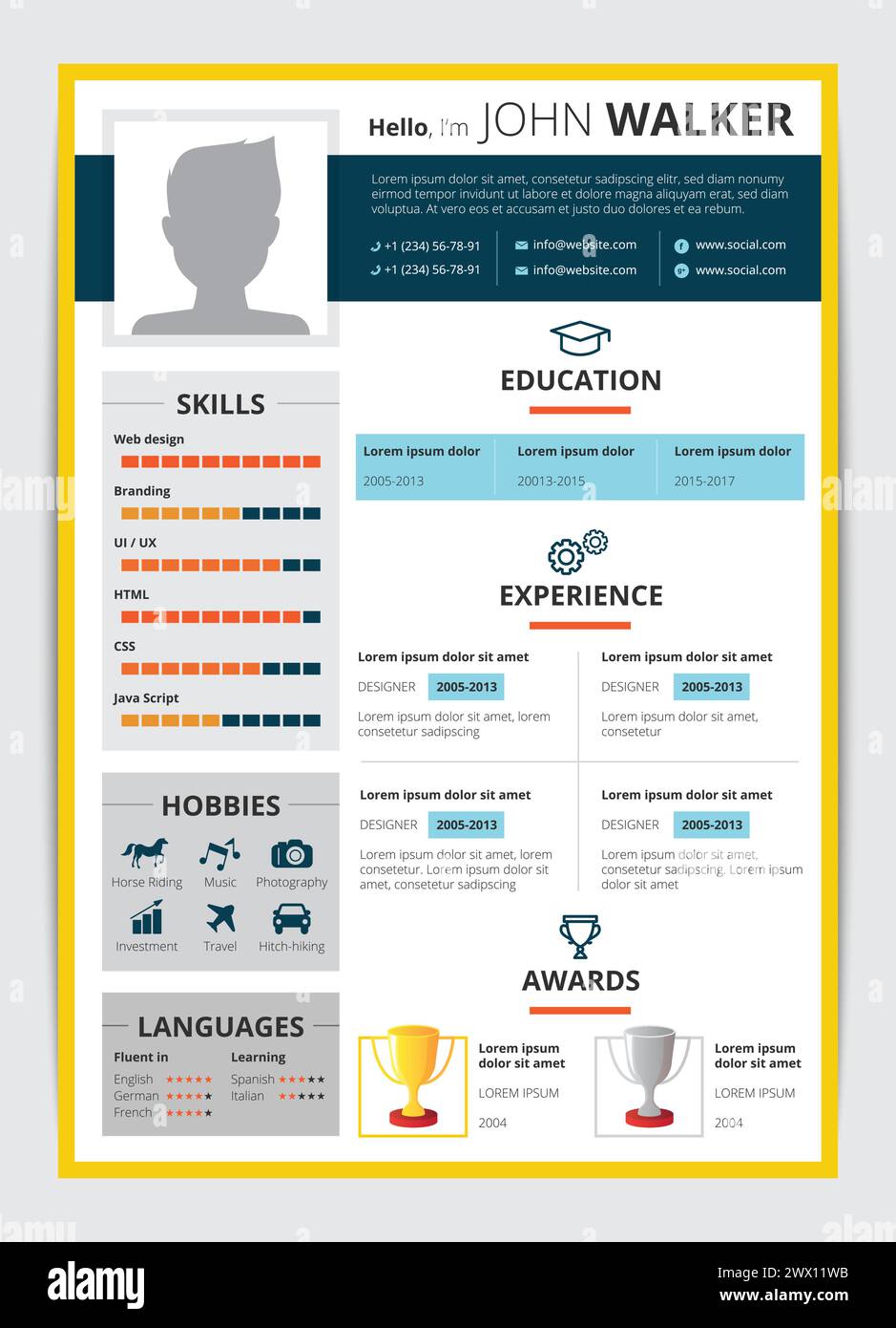 Cv template with male candidate education job experience awards and ...