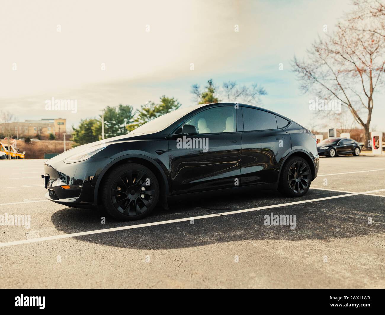 A sleek Tesla Model 3 featuring black rims, a paradigm of expressive ...