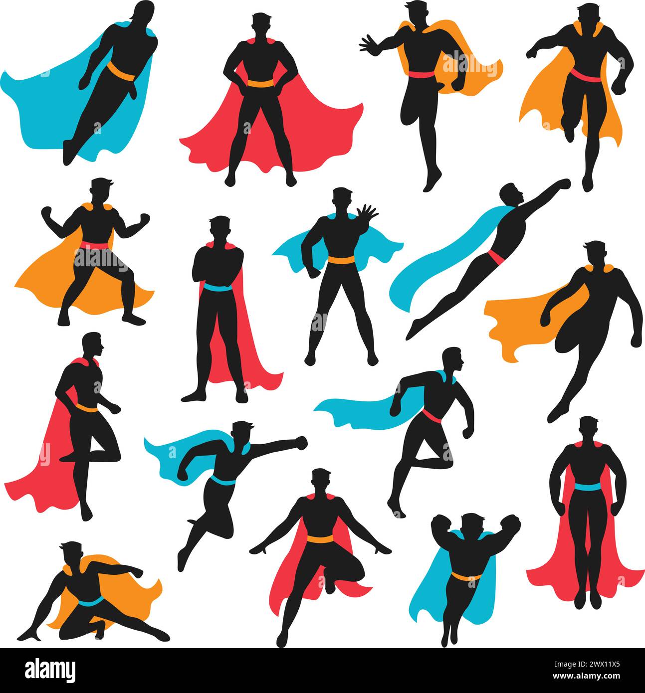 Set of black superhero silhouettes in different poses with colored ...