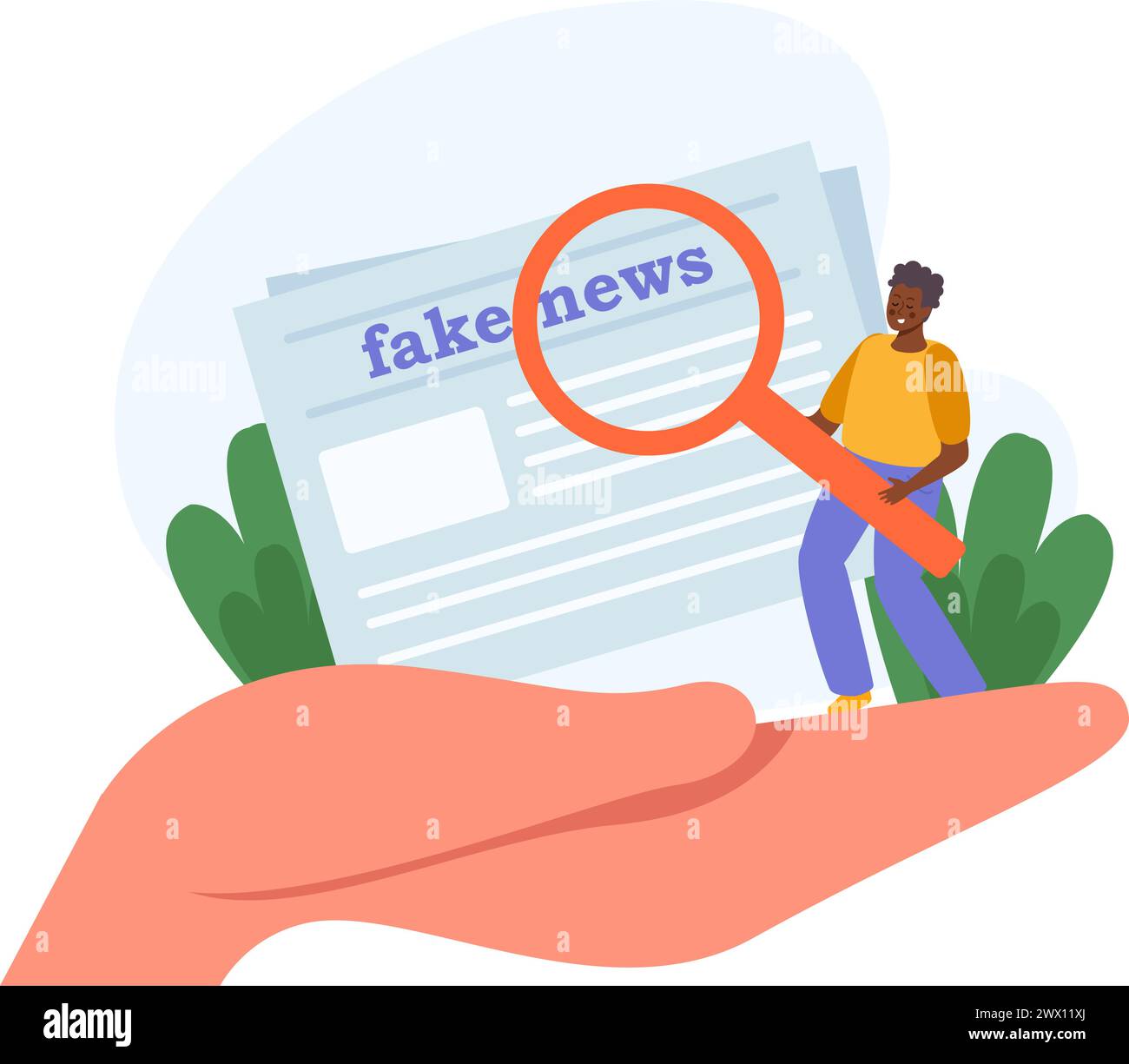 Tiny human character with magnifier reading fake news in newspaper flat ...