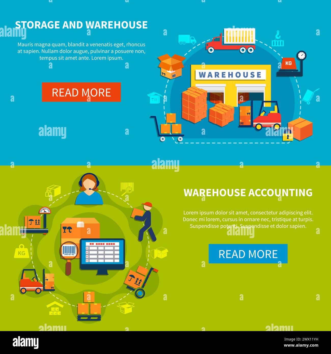 Two horizontal logistic banner set with storage and warehouse and ...