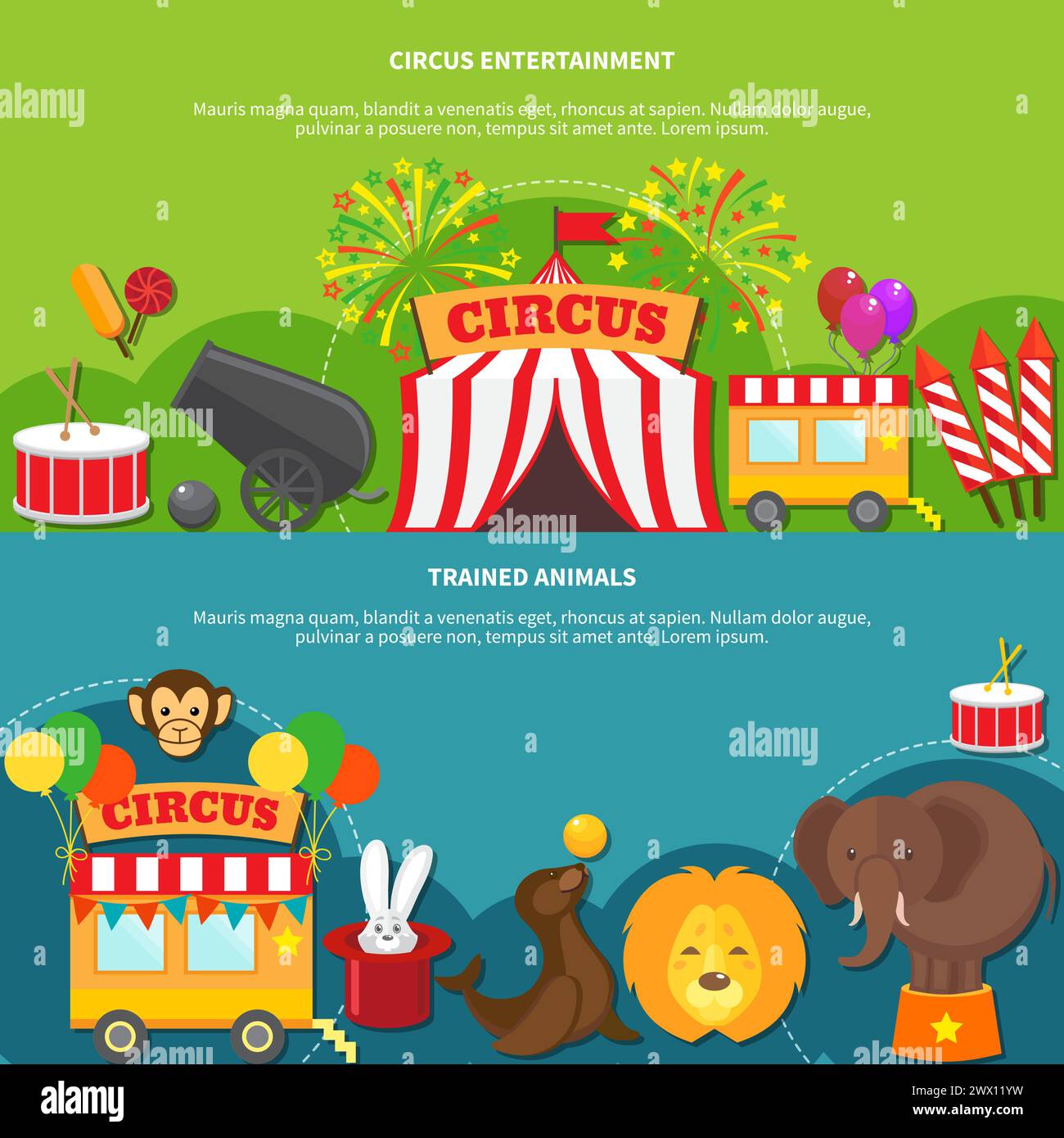 Circus entertainment and trained animals horizontal banner set flat ...