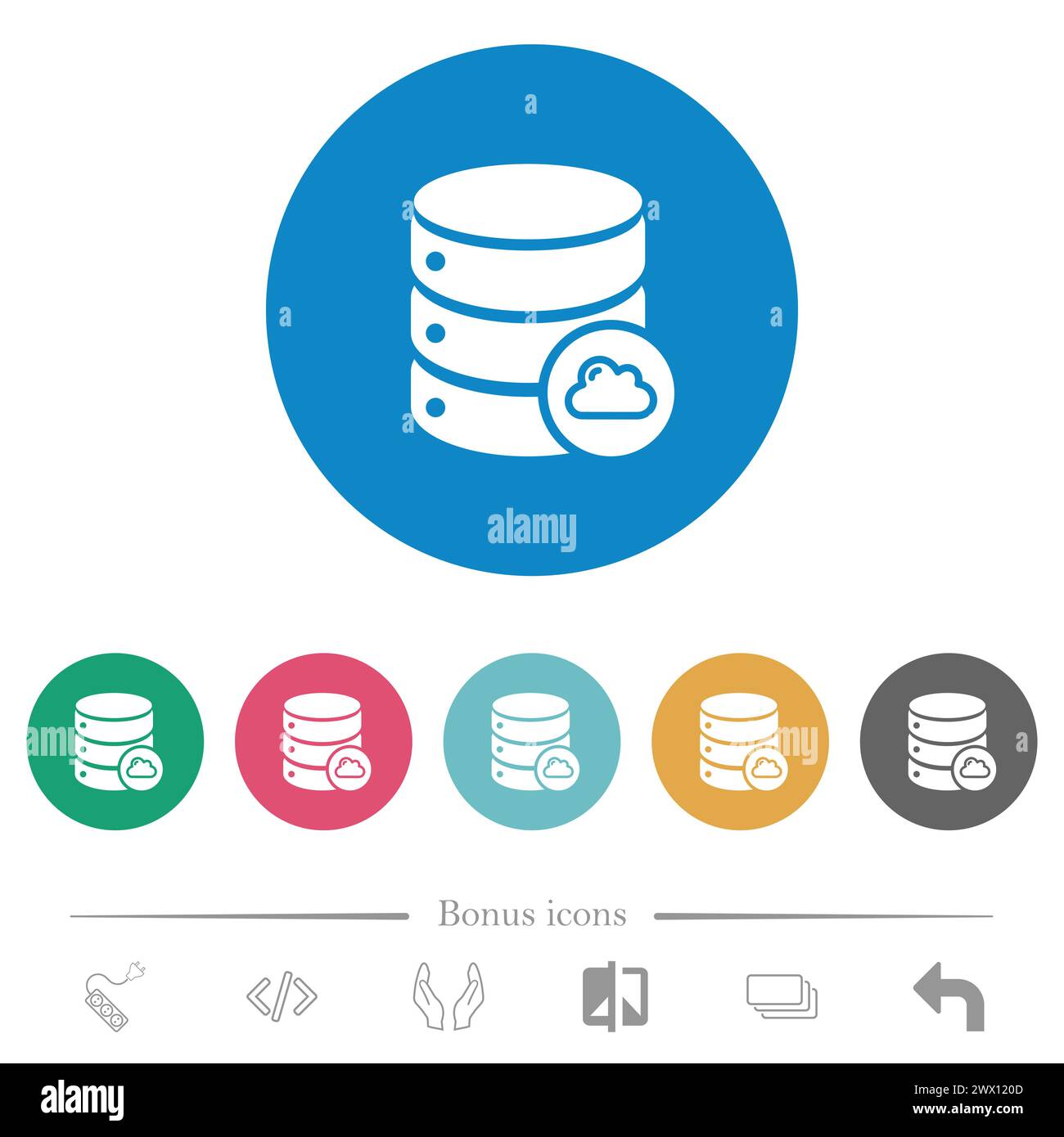 Cloud database flat white icons on round color backgrounds. 6 bonus ...