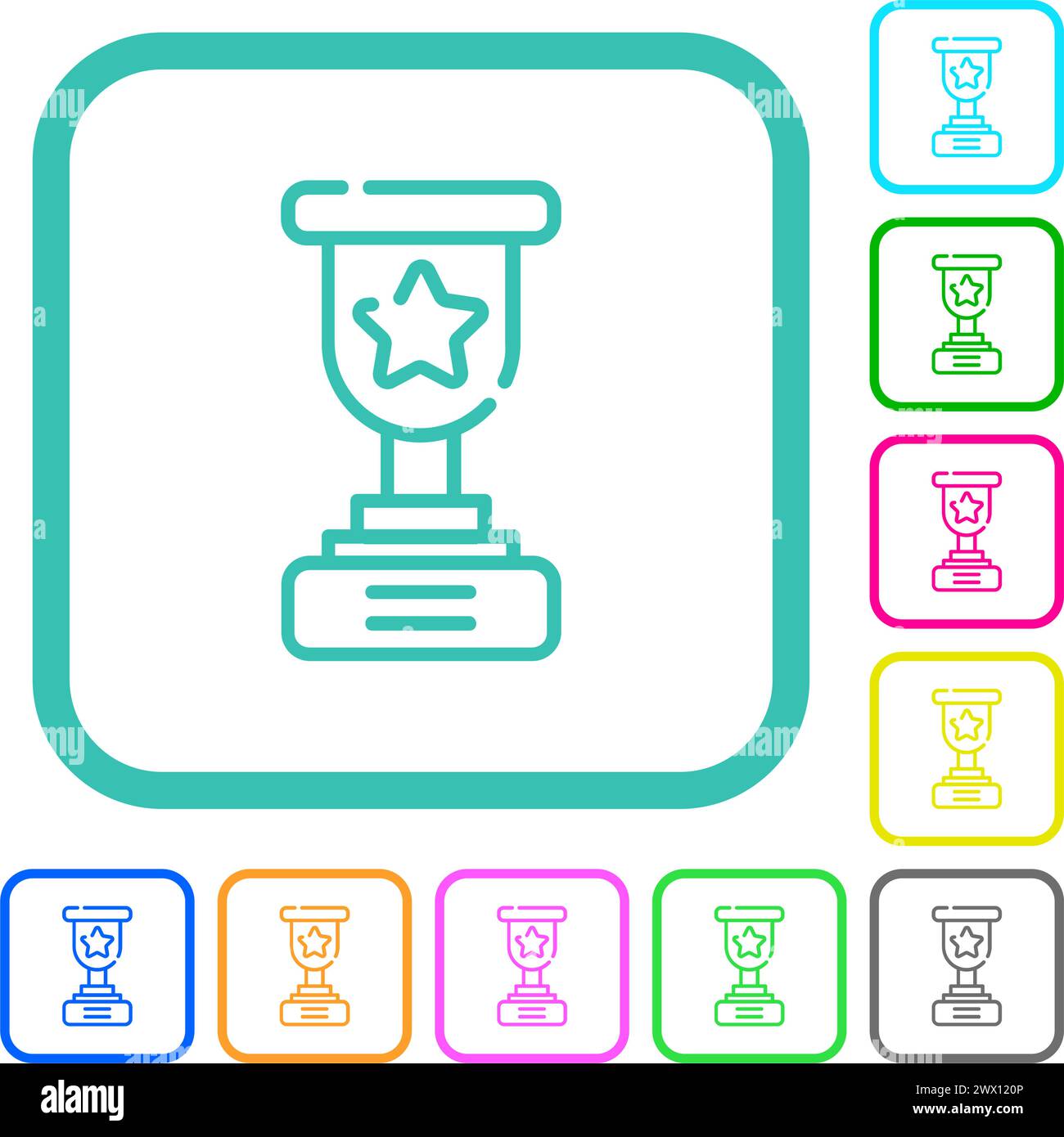 Trophy cup with star outline vivid colored flat icons in curved borders ...