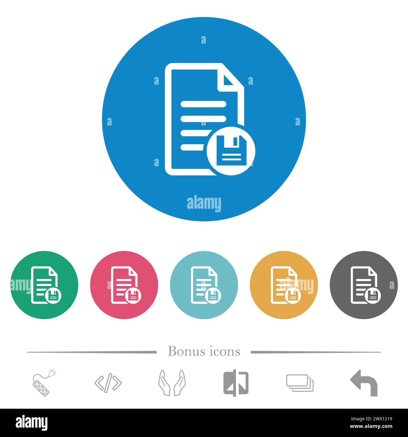 Document save flat white icons on round color backgrounds. 6 bonus ...