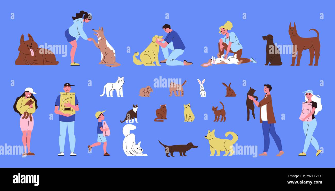 Pet shelter color set of animals volunteers and people with their new ...