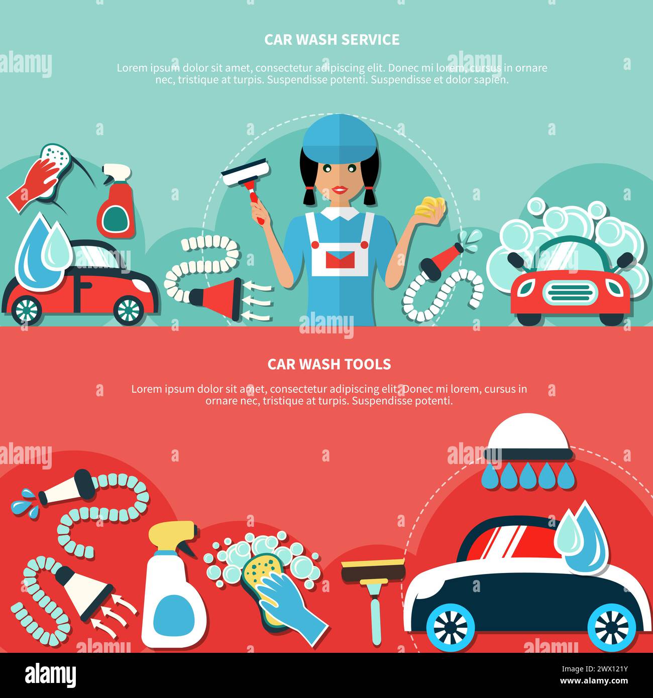 Two horizontal banners set with car wash worker character cartoon ...