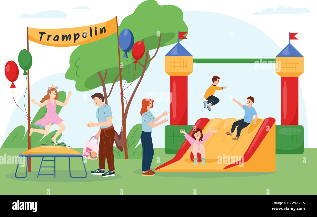 Happy kids jumping on trampoline and sliding down inflatable slide in ...