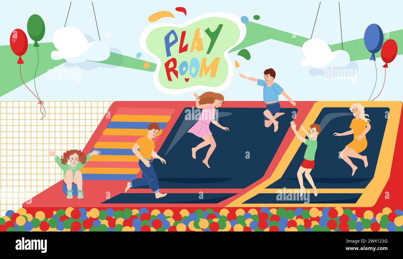 Happy kids jumping on trampoline in play room with colorful balls and ...