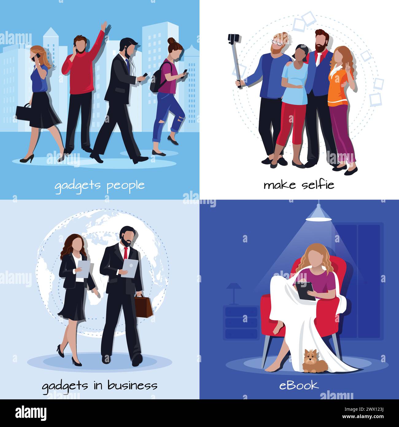 Office home gadgets for work leisure fun and education 4 flat icons ...