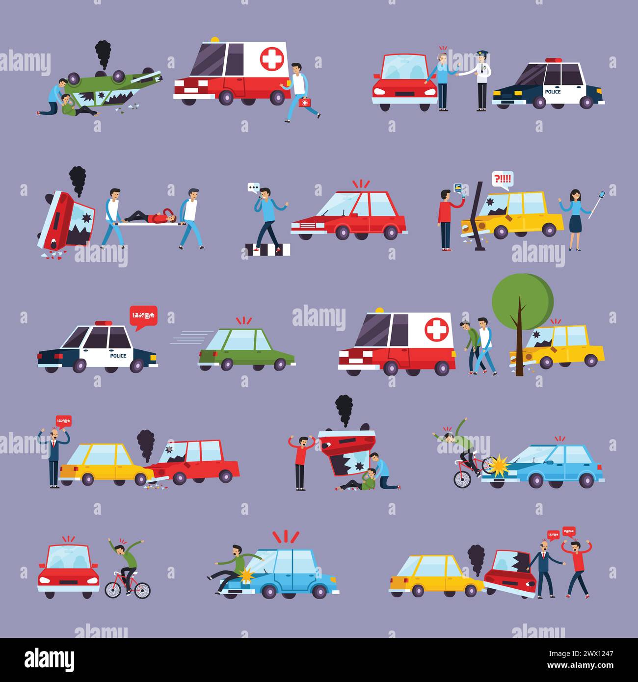 Road accident icons set with car crash symbols flat isolated vector illustration Stock Vector ...